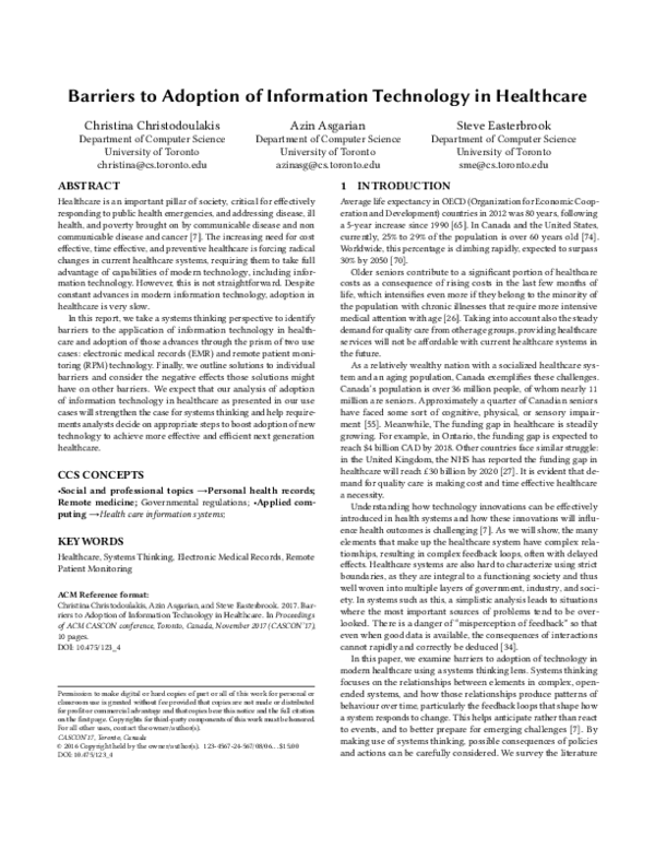 (PDF) Barriers to adoption of information technology in healthcare (PDF) Barriers to adoption of information technology in healthcare