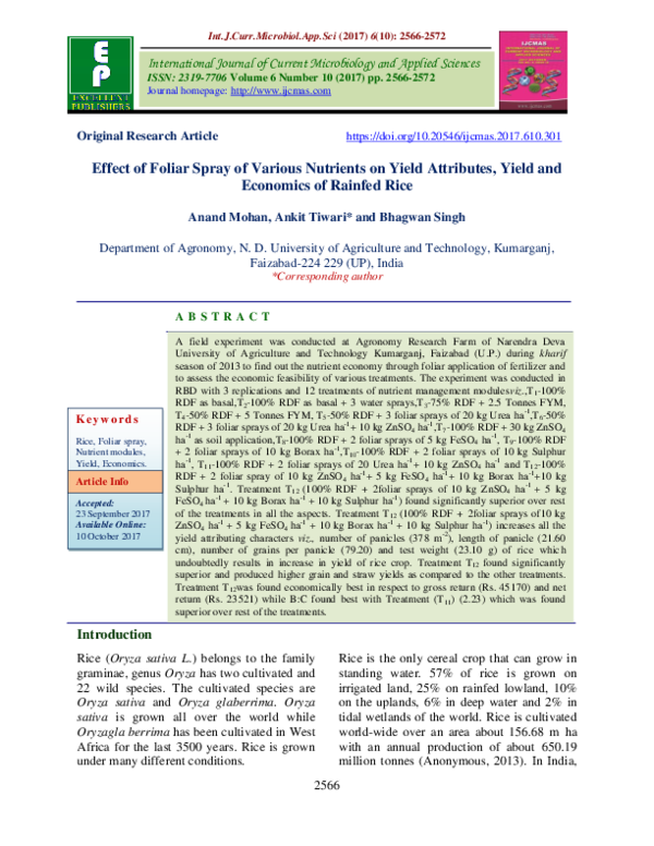 Pdf Effect Of Foliar Spray Of Various Nutrients On Yield Attributes