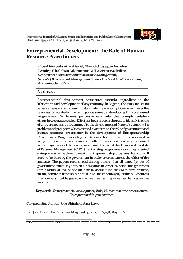 (PDF) Entrepreneurial Development : the Role of Human Resource Practitioners