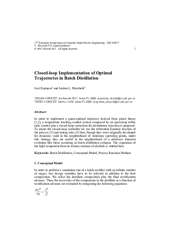 Pdf Closed Loop Implementation Of Optimal Trajectories In Batch Distillation