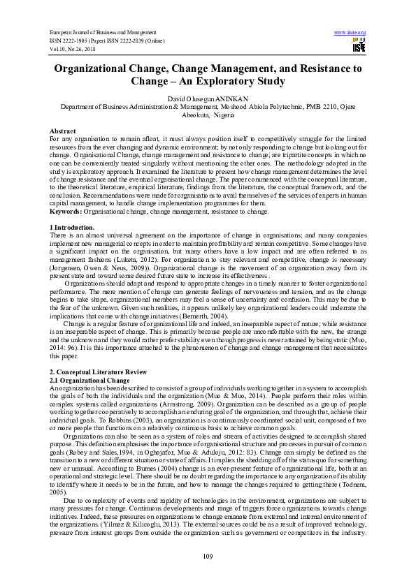 (PDF) Organizational Change, Change Management, and Resistance to ...