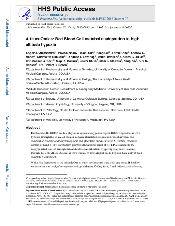 (PDF) AltitudeOmics: Red Blood Cell metabolic adaptation to high ...