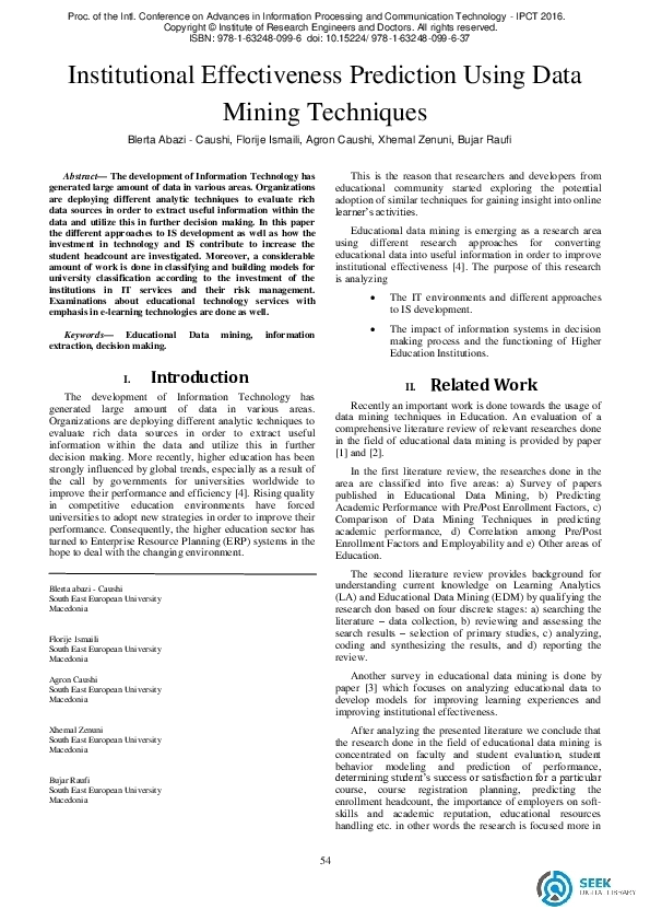 (PDF) Institutional Effectiveness Prediction Using Data Mining Techniques