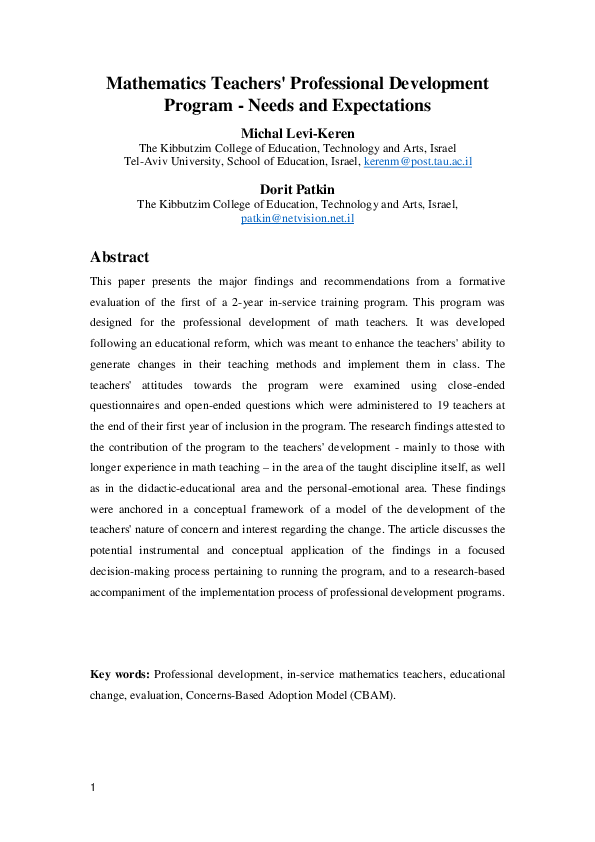 (PDF) Mathematics Teachers' Professional Development Program--Needs and ...