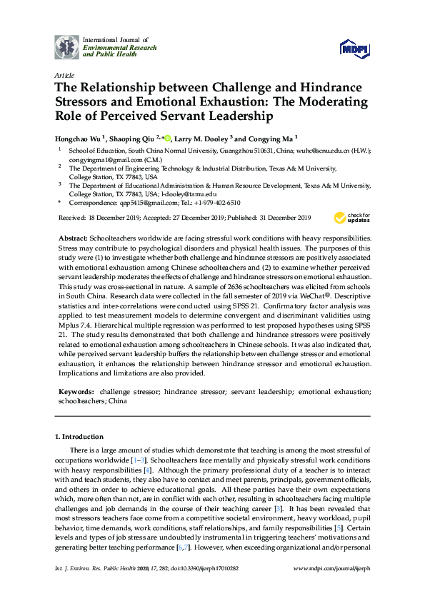 (PDF) The Relationship between Challenge and Hindrance Stressors and Emotional Exhaustion: The ...