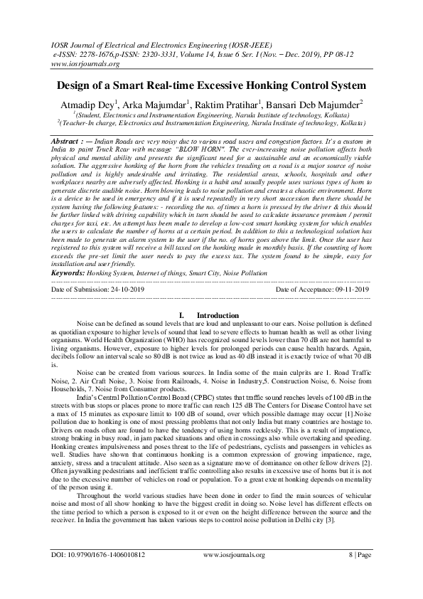 (PDF) Design of a Smart Real-time Excessive Honking Control System