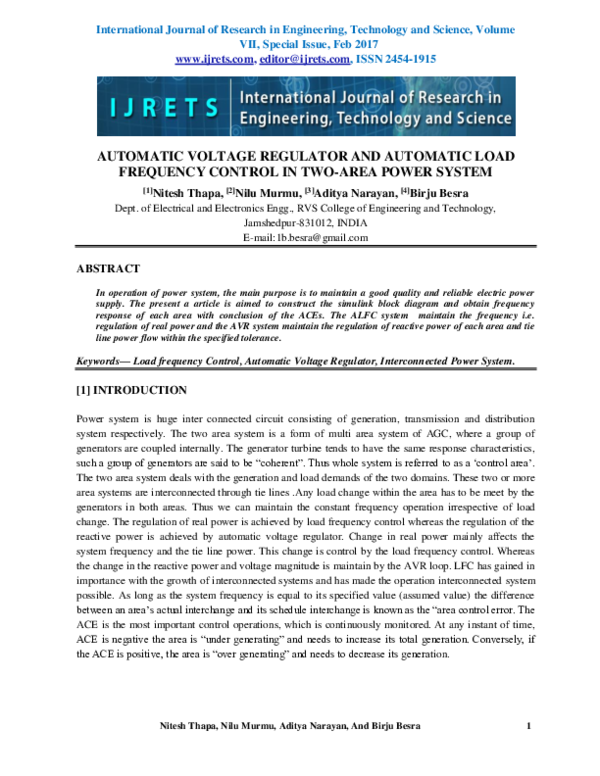 Automatic Voltage Regulator and Automatic Load Frequency Control in Two-Area Power System