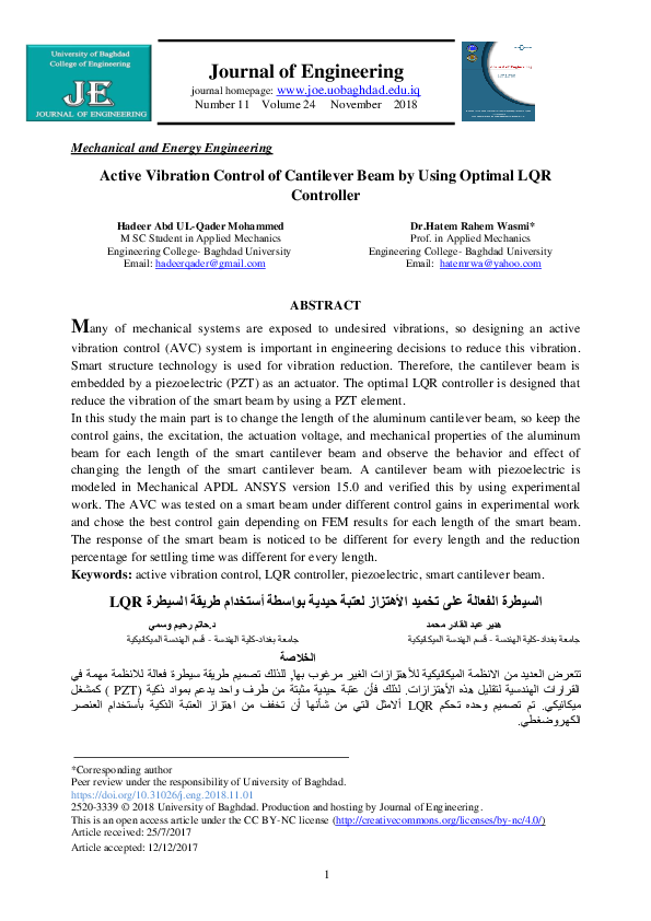 Pdf Active Vibration Control Of Cantilever Beam By Using Pid Based Output Feedback Controller