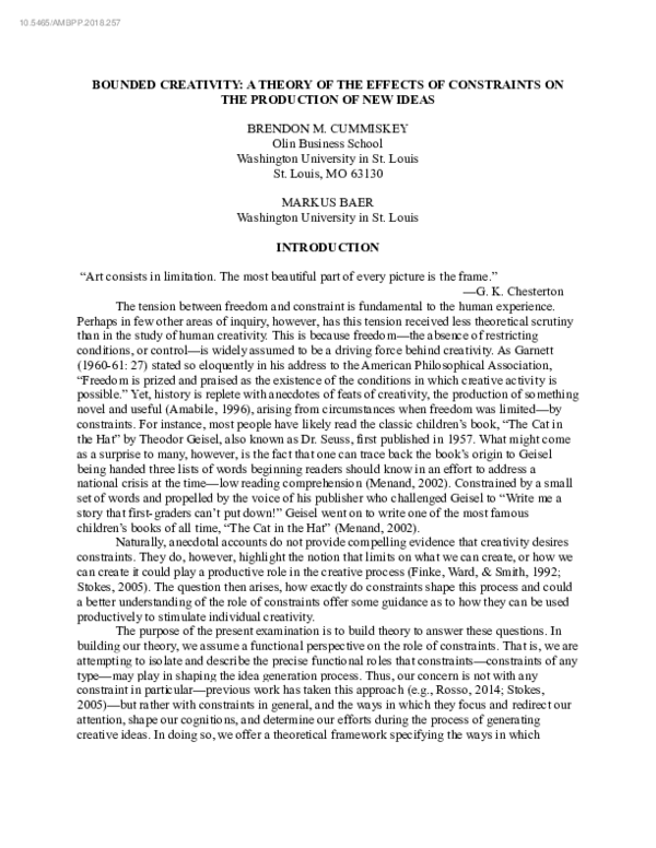 (PDF) Bounded creativity: A theory of the effects of constraints on the ...