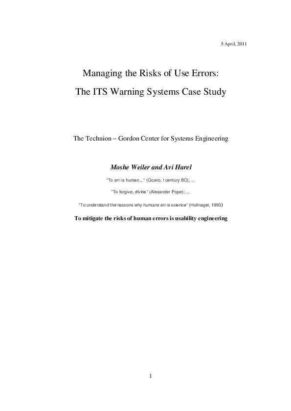 (PDF) Managing the Risks of Use Errors: The ITS Warning Systems Case Study