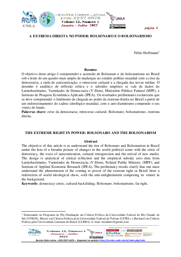 (PDF) A extrema direita no poder: Bolsonaro e o bolsonarismo