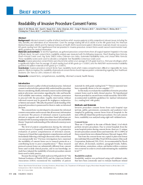 (PDF) Readability of Invasive Procedure Consent Forms