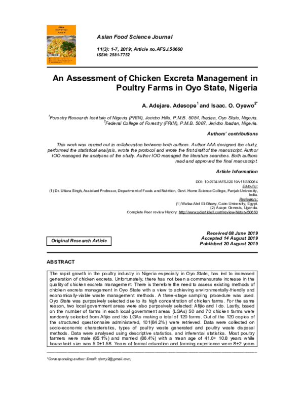 (PDF) An Assessment of Chicken Excreta Management in Poultry Farms in ...