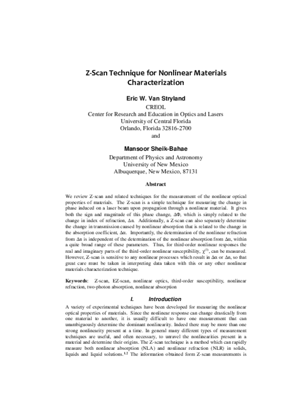 (PDF) Z-scan technique for nonlinear materials characterization