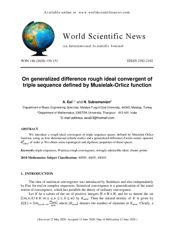 (PDF) On generalized difference rough ideal convergent of triple sequence defined by Musielak ...
