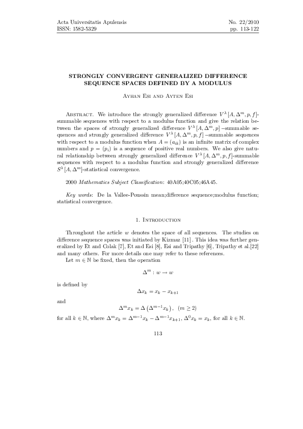 (PDF) Strongly Convergent Generalized Difference Sequence Spaces Defined by a Modulus