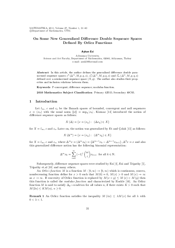 Pdf On Some New Generalized Difference Double Sequence Spaces Defined By Orlicz Functions 7266