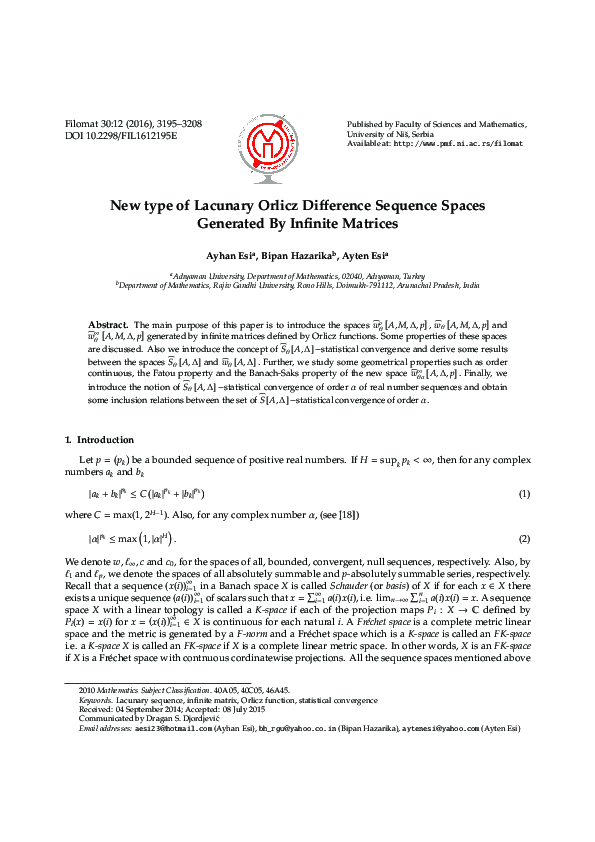 Pdf New Type Of Lacunary Orlicz Difference Sequence Spaces Generated By Infinite Matrices