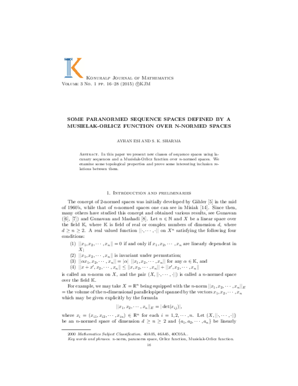 Pdf Some Paranormed Sequence Spaces Defined By A Musielak Orlicz Function Over N Normed Spaces
