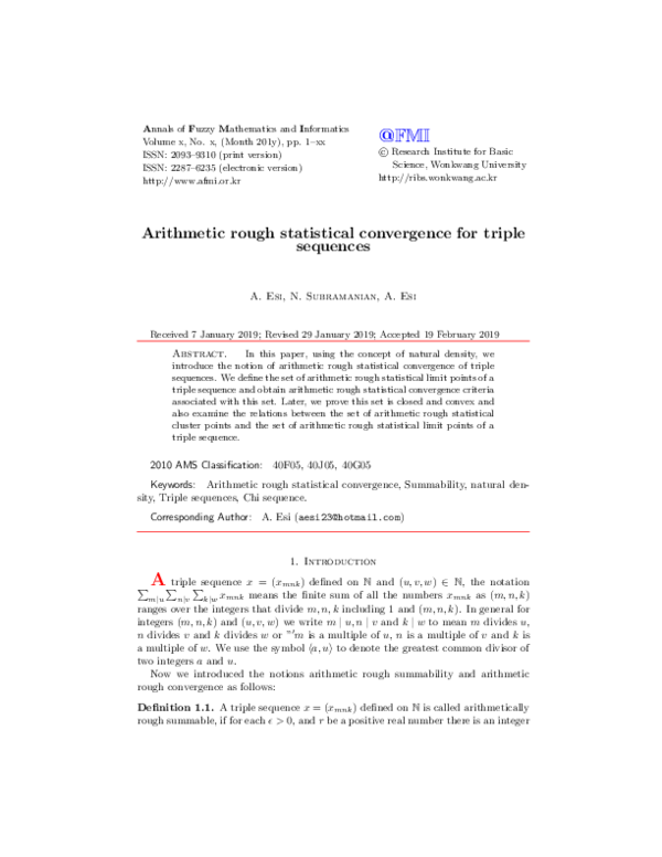 (PDF) Arithmetic rough statistical convergence for triple sequences