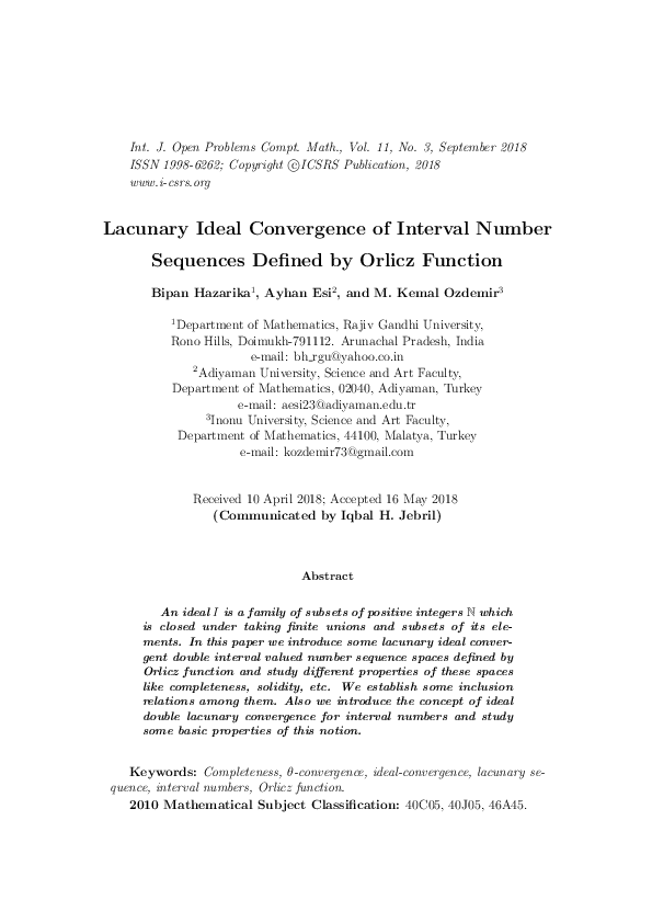 (PDF) Lacunary Ideal Convergence of Interval Number Sequences Defined by Orlicz Function