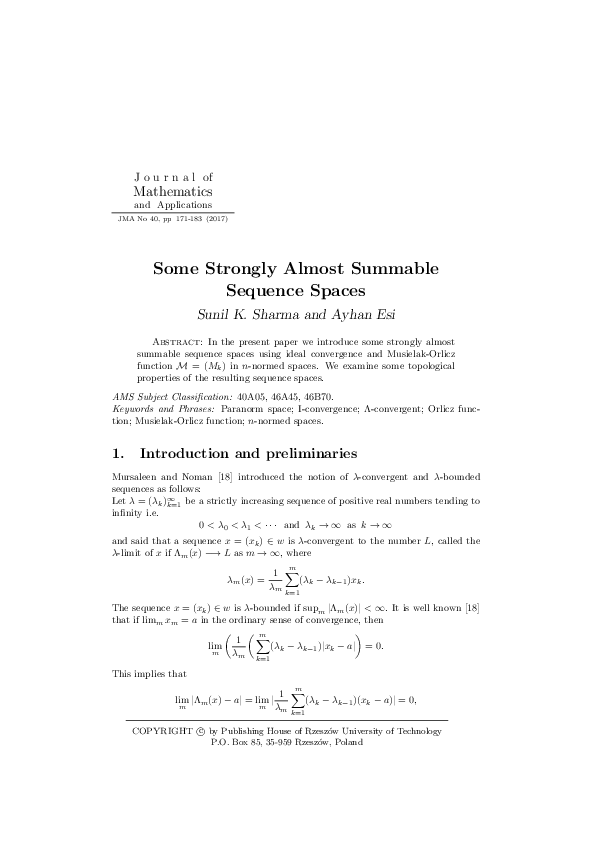(PDF) Some Strongly Almost Summable Sequence Spaces