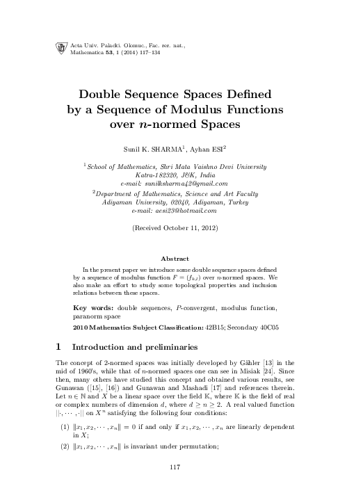 (PDF) Double Sequence Spaces Defined by a Sequence of Modulus Functions over n-normed Spaces