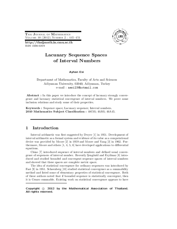(PDF) Lacunary Sequence Spaces of Interval Numbers | Ayhan Esi - Academia.edu