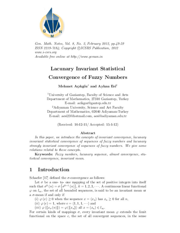 Pdf Lacunary Invariant Statistical Convergence Of Fuzzy Numbers
