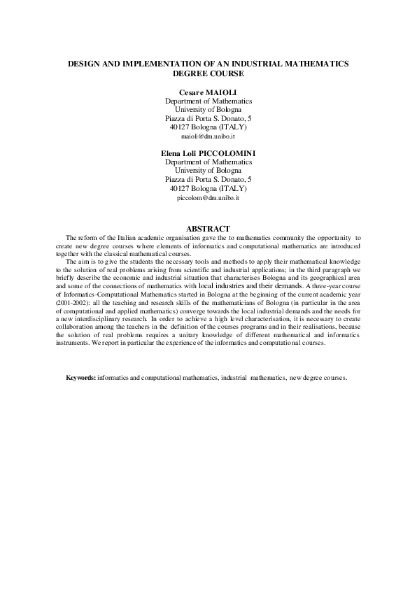 (PDF) Design and Implementation of an Industrial Mathematics Degree Course
