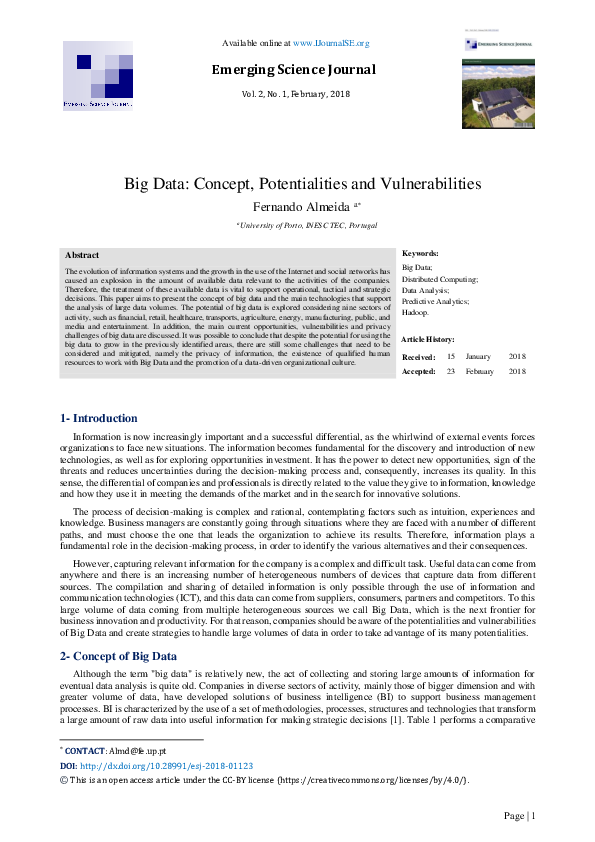 (PDF) Big Data: Concept, Potentialities and Vulnerabilities