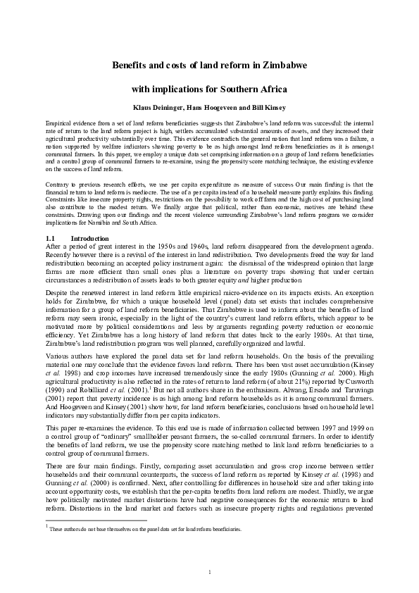 (PDF) Benefits and costs of land reform in Zimbabwe with implications ...