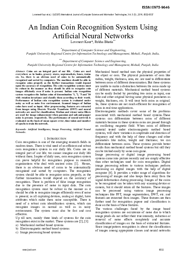 (PDF) An Indian Coin Recognition System Using Artificial Neural Networks