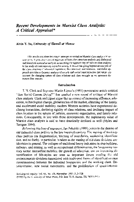 (PDF) Recent Developments in Marxist Class Analysis: A Critical Appraisal