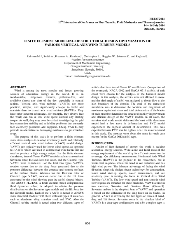Pdf Finite Element Modeling Of Structural Design Optimization Of Various Vertical Axis Wind