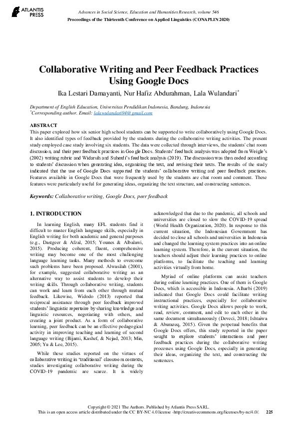 (PDF) Collaborative Writing and Peer Feedback Practices Using Google Docs