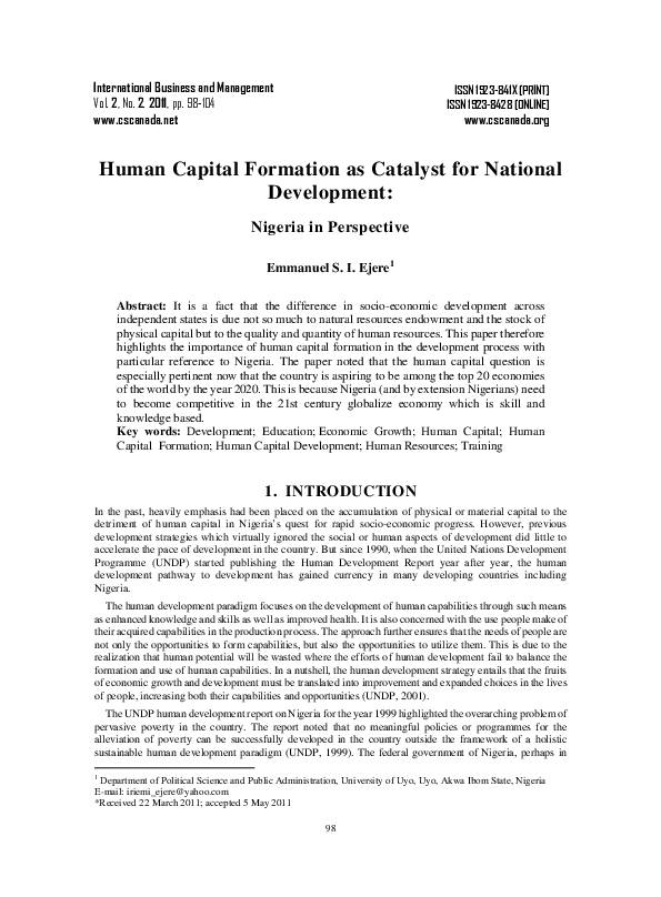 (PDF) Human Capital Formation as Catalyst for National Development