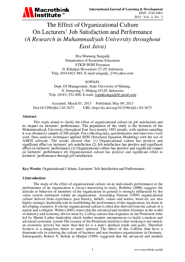 (PDF) The Effect of Organizational Culture On Lecturers’ Job ...