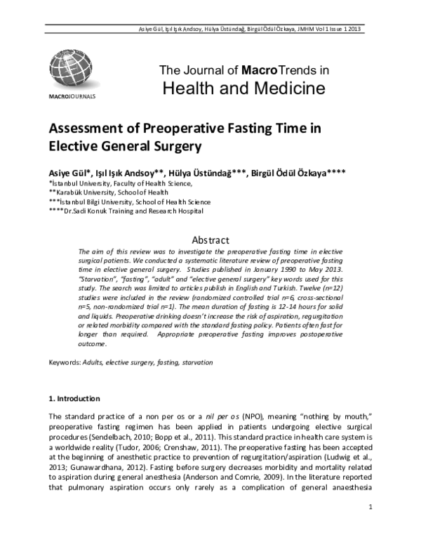 (PDF) Assessment of Preoperative Fasting Time in Elective General Surgery