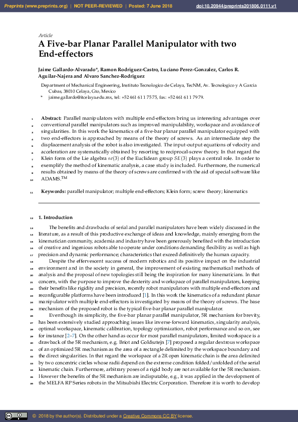 (PDF) A Five-Bar Planar Parallel Manipulator with Two End-Effectors