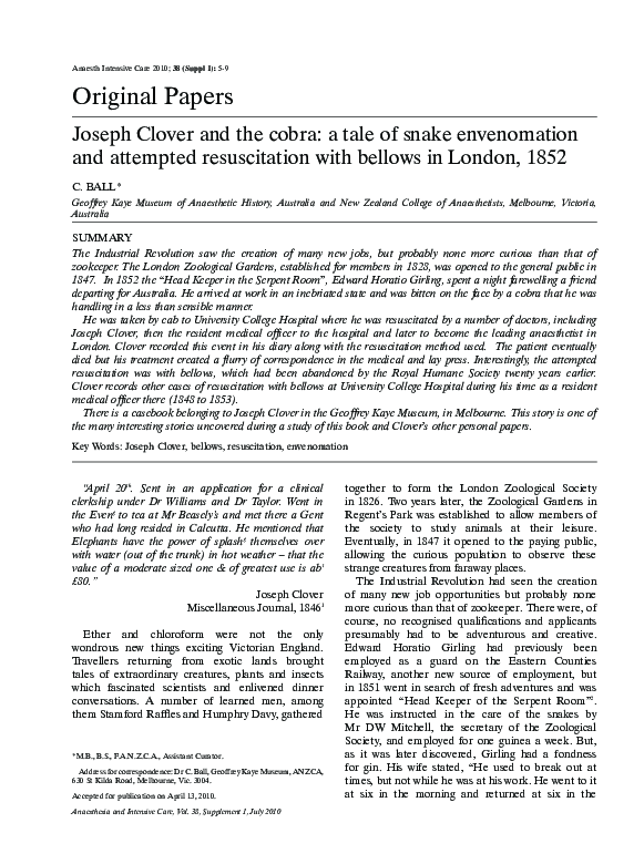 (PDF) Joseph Clover and the cobra: a tale of snake envenomation and ...