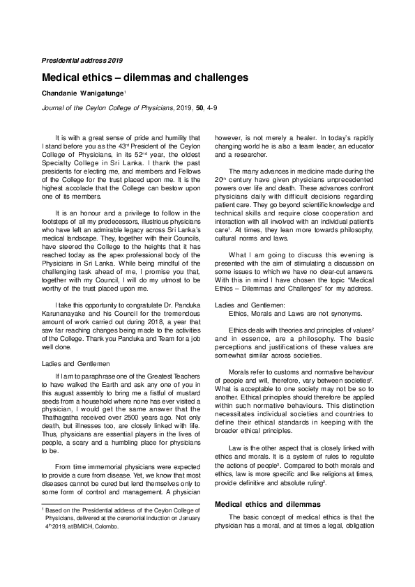 (PDF) Medical ethics – dilemmas and challenges