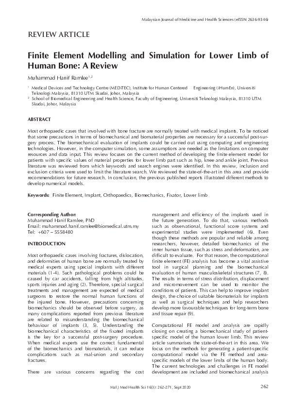 (PDF) Finite Element Modelling and Simulation for Lower Limb of Human Bone: A Review