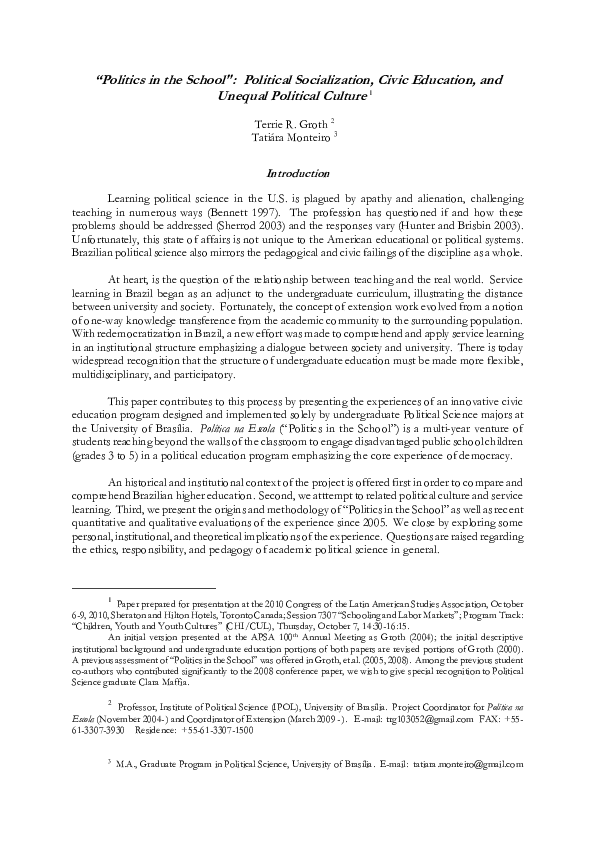 (PDF) Politics in the School": Political Socialization, Civic Education ...