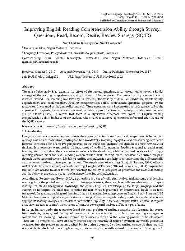 (PDF) Improving English Reading Comprehension Ability through Survey, Questions, Read, Record ...