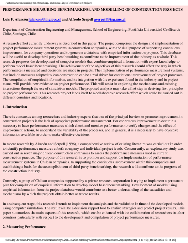 (PDF) Performance Measuring Benchmarking, and Modelling of Construction ...