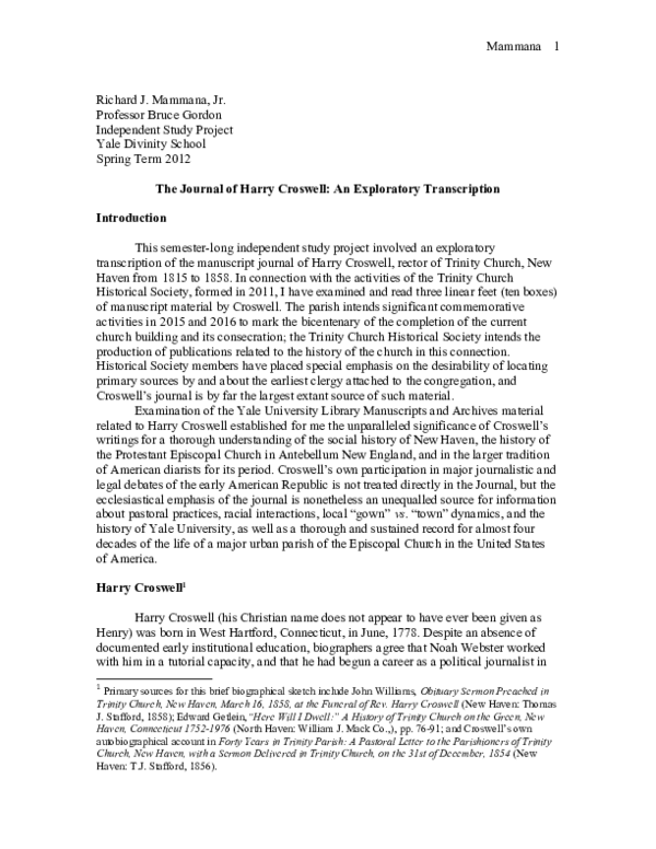 (DOC) The Journal of Harry Croswell: An Exploratory Transcription