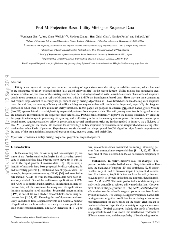 (PDF) ProUM: Projection-Based Utility Mining on Sequence Data