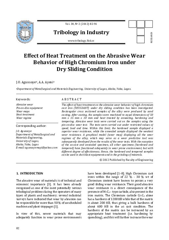 (PDF) Effect of Heat Treatment on the Abrasive Wear Behavior of High Chromium Iron under Dry ...