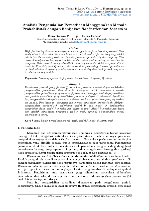 (PDF) Analisis Pengendalian Persediaan Menggunakan Metode Probabilistik dengan Kebijakan ...